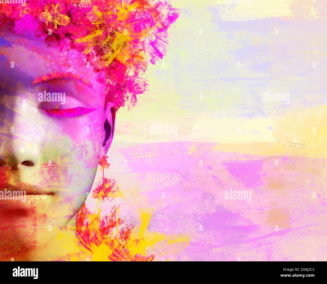 3d render illustration of female face in multicolored paint with flower ...