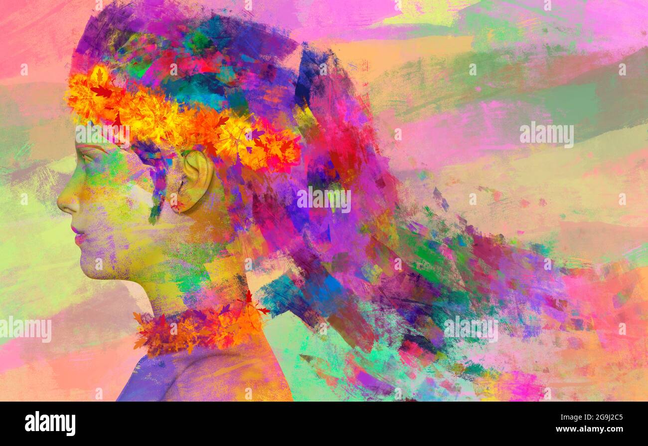 3d render illustration of female figure multicolor painted body with ...