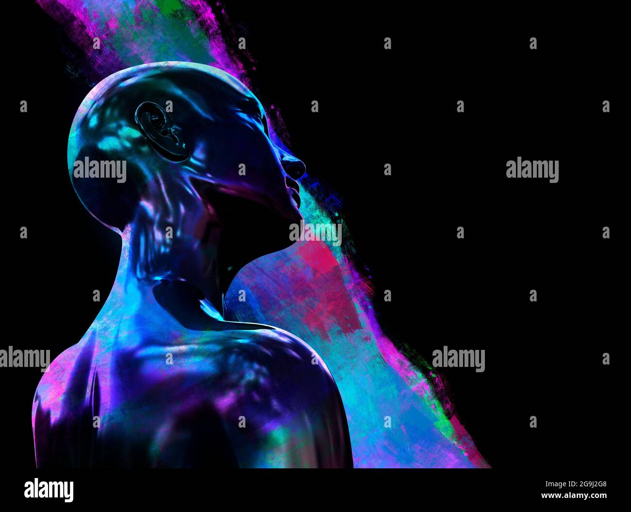 Abstract 3d render illustration of black glossy and multicolored grungy ...