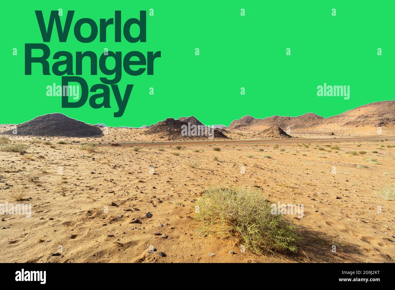 WORLD RANGER DAY text with double exposure concept of mountain desert ...