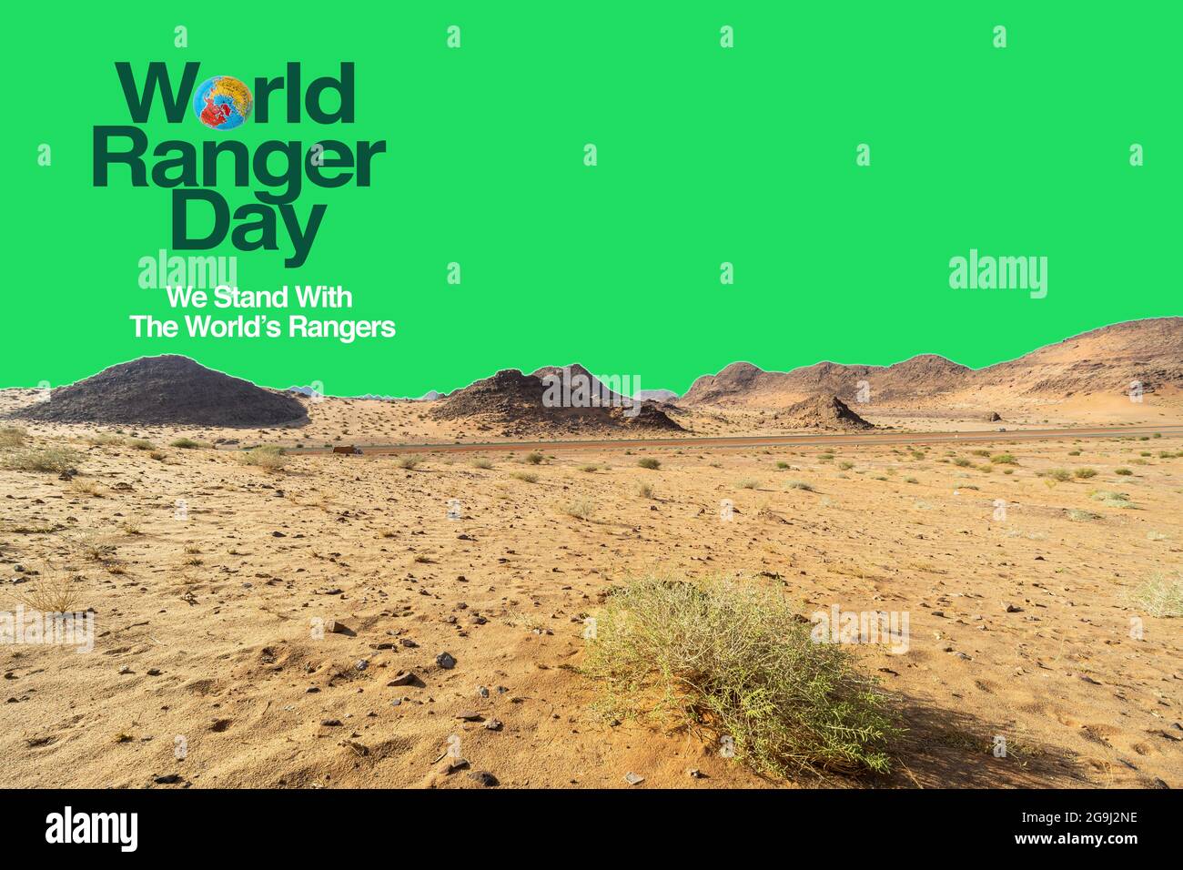 WORLD RANGER DAY text with double exposure concept of mountain desert ...