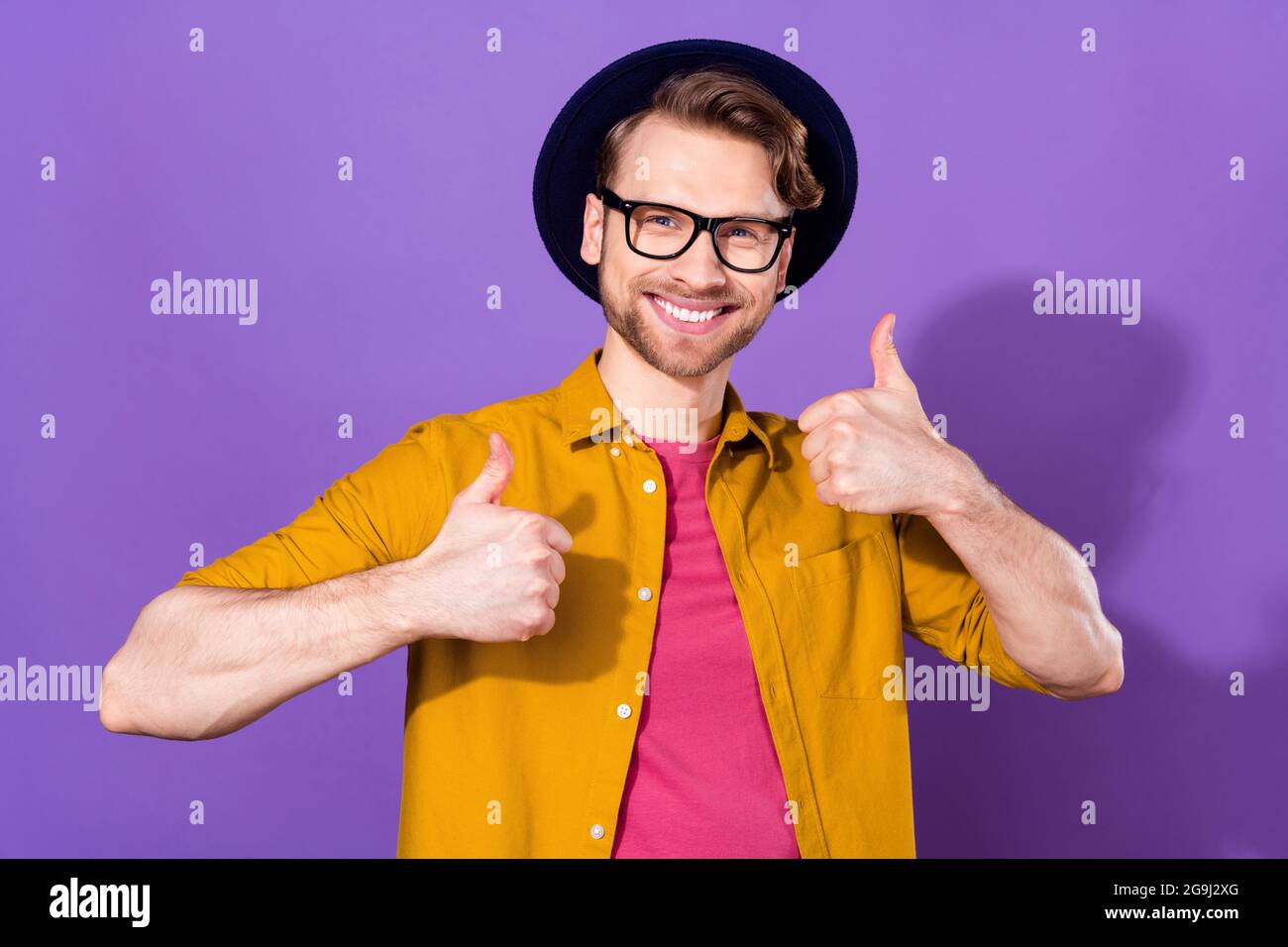 Photo of young man happy positive smile show thumb-up like cool fine ...