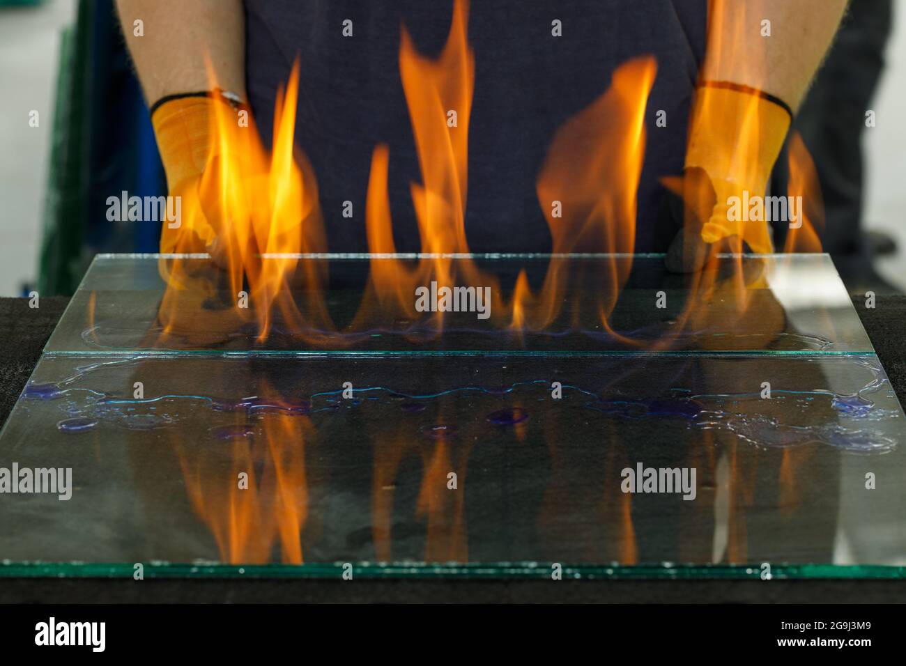 Burning glass, Laminated VSG material, Cut in a workshop. A specialist ...