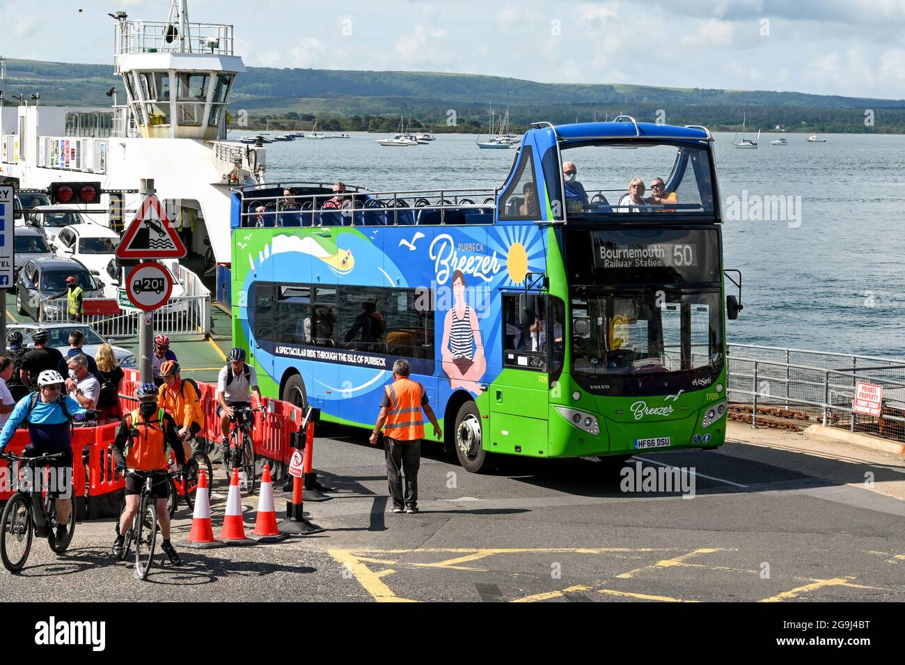 Poole, Dorset, England - June 2021: Public service bus driving off the ...