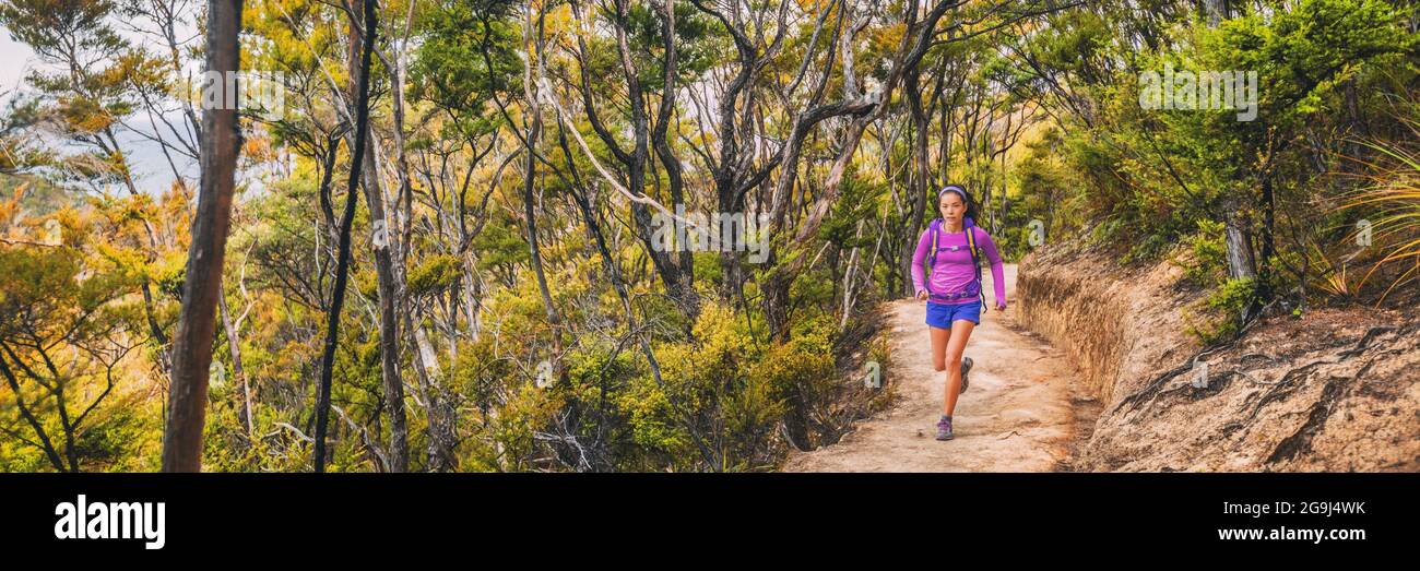 Ultra running race trail competition athlete woman runner on long ...