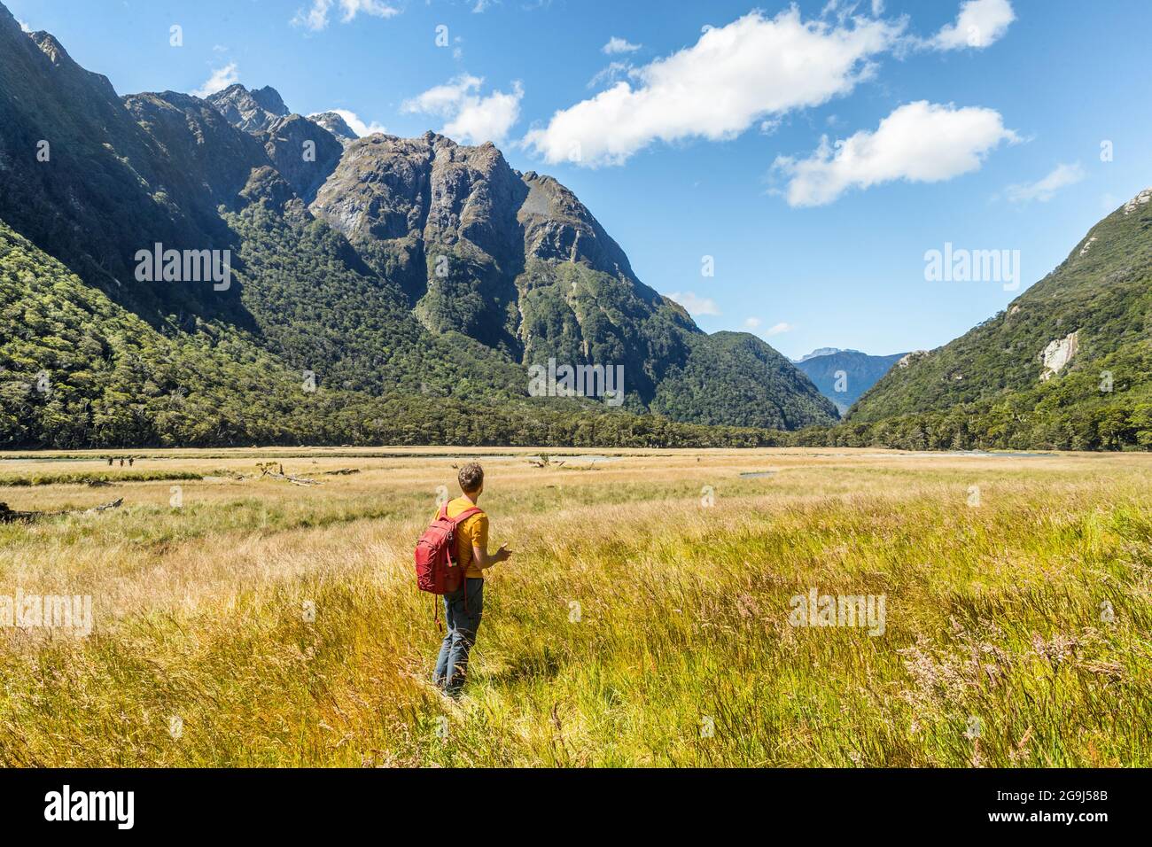 New Zealand tramping hiker man walking at Routeburn Track, Fiordland ...