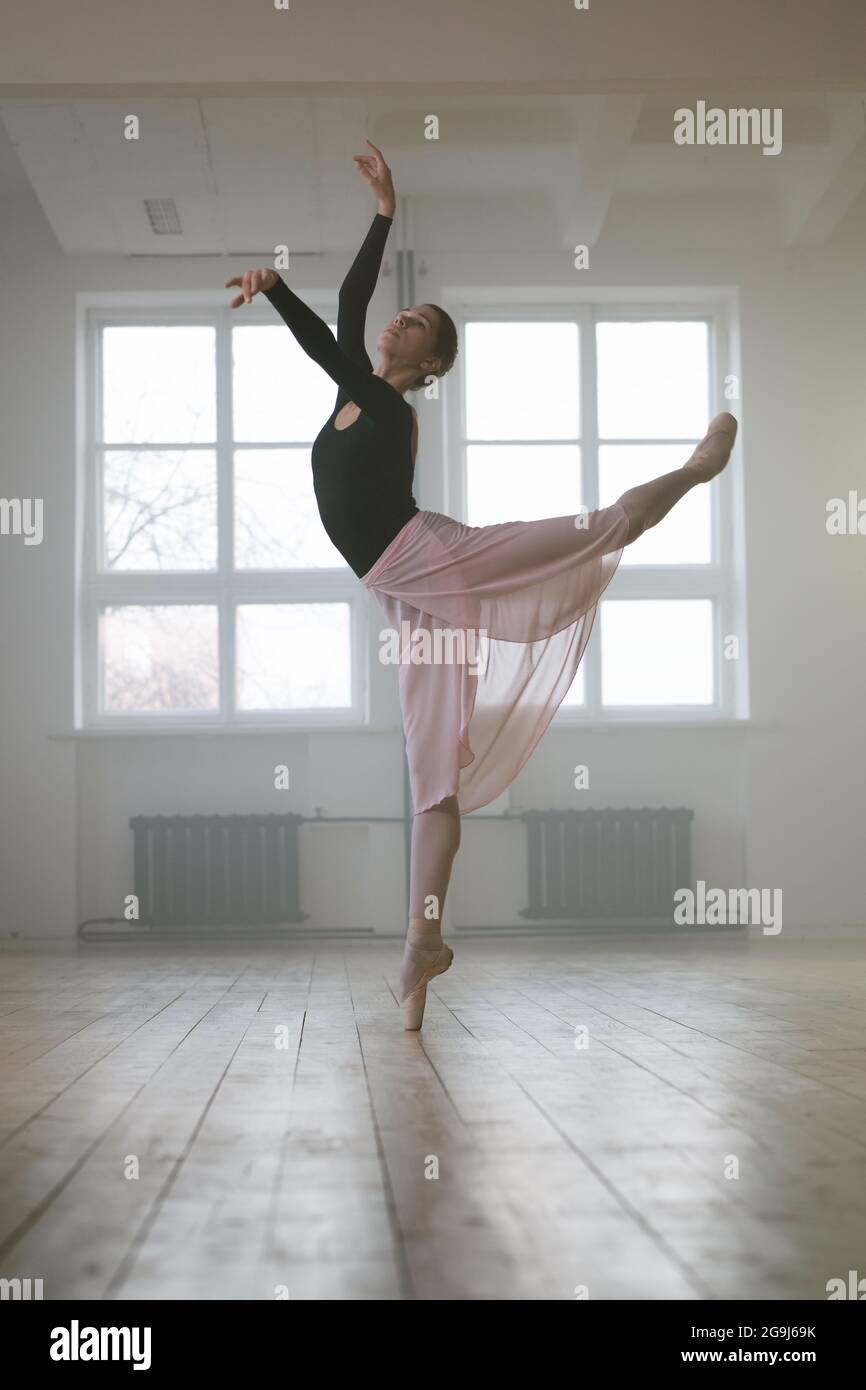 Female ballet dancer keeping the rack in class during her training ...