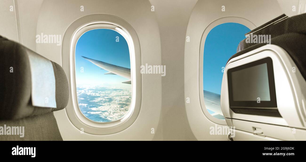 Plane interior with window and seats banner panorama background for ...