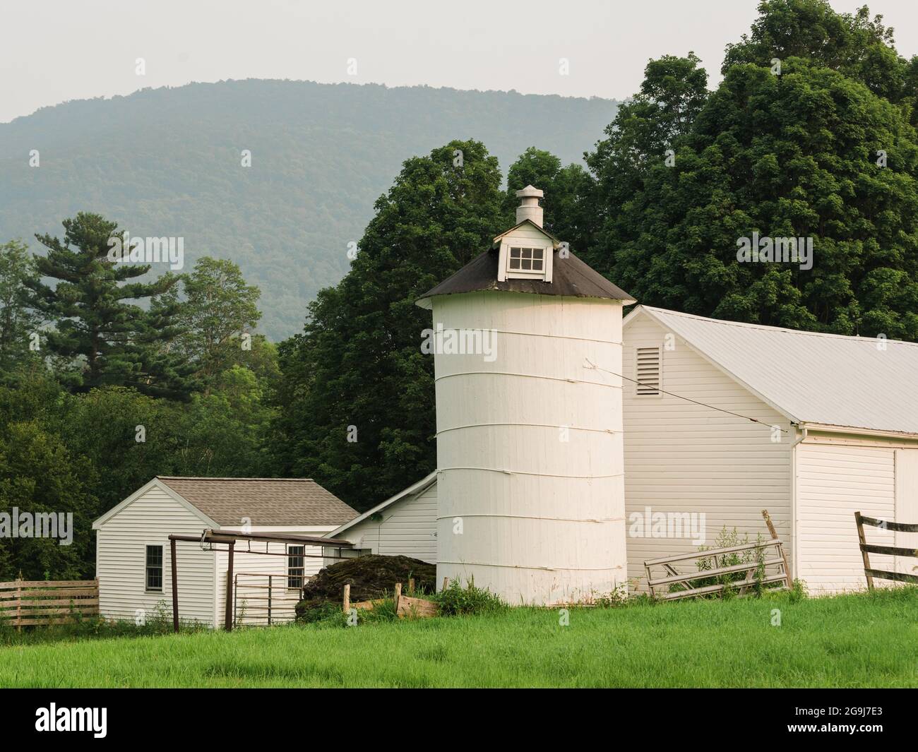 Old white barn with silo, in the Berkshire Mountains, Massachusetts ...
