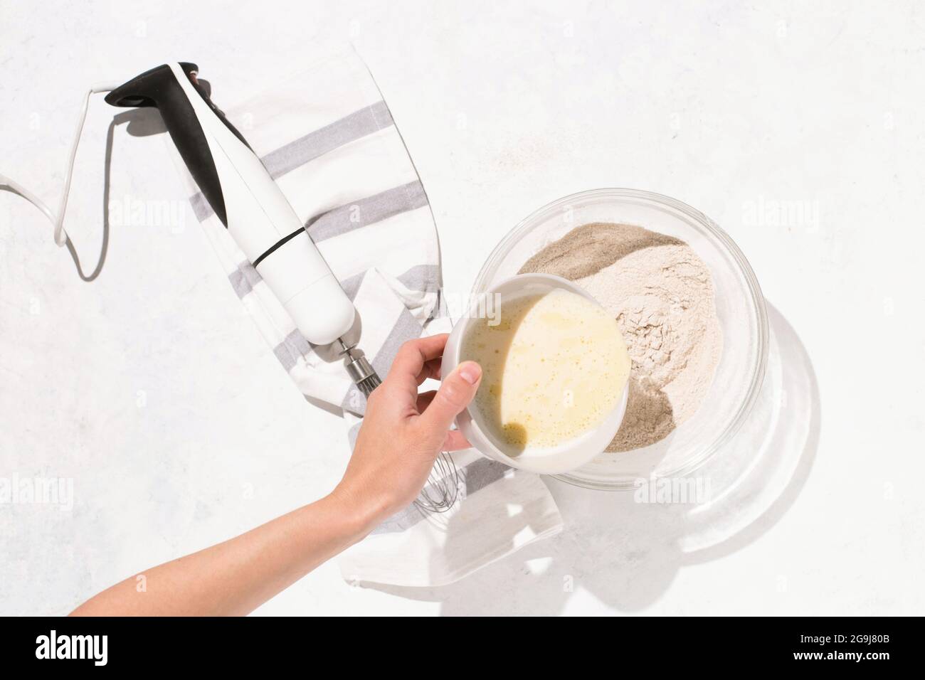 Pancakes recipe step-by-step ingredients pan cooking process Stock ...