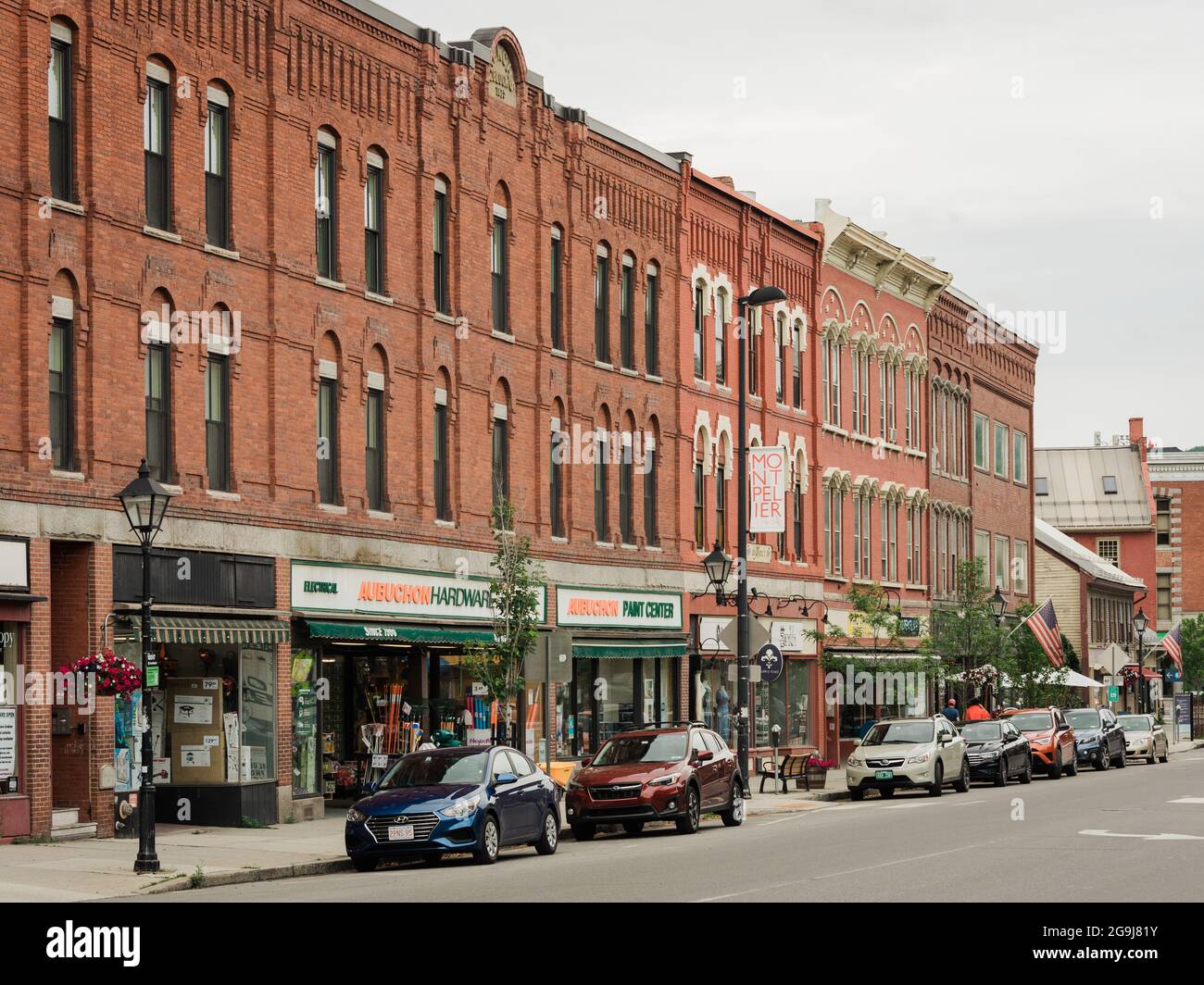 Brick buildings and businesses in downtown Montpelier, Vermont Stock ...