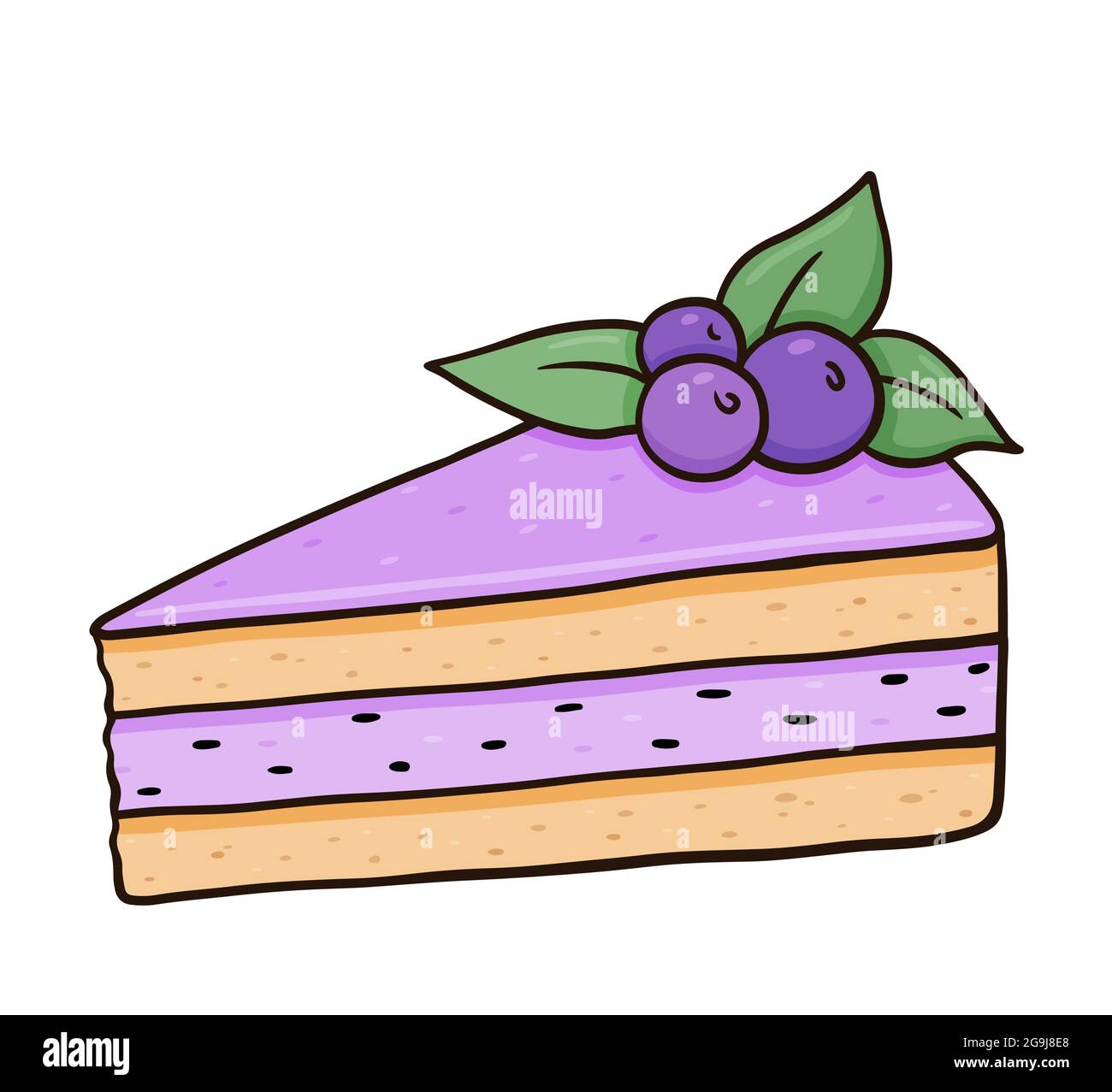 Piece of blueberry cake decorated with berries and mint. Vector hand ...