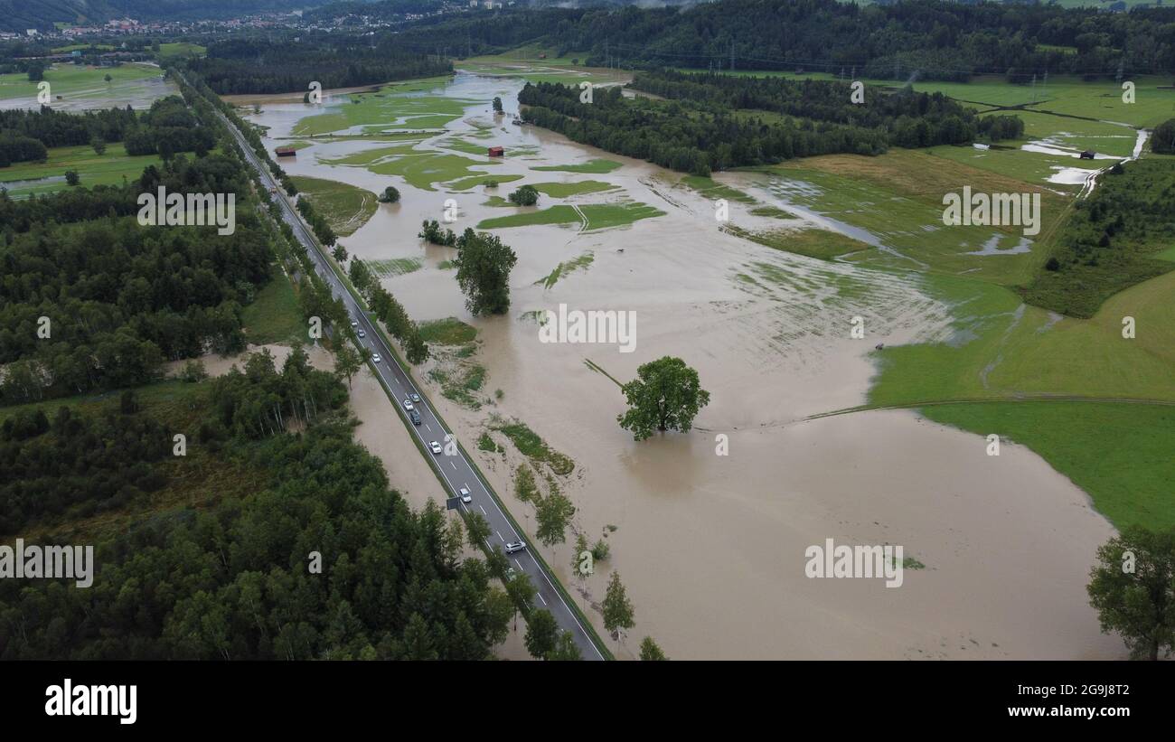 Rettenberg, Germany. 26th July, 2021. The meadows to the left and right ...