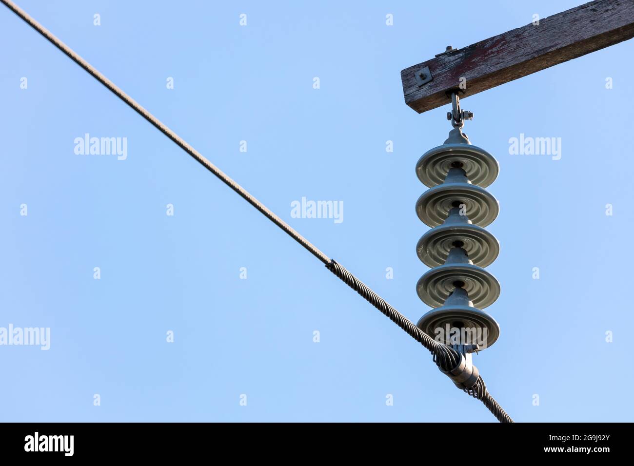 Photograph of a transmission line cable system connected to an assembly ...