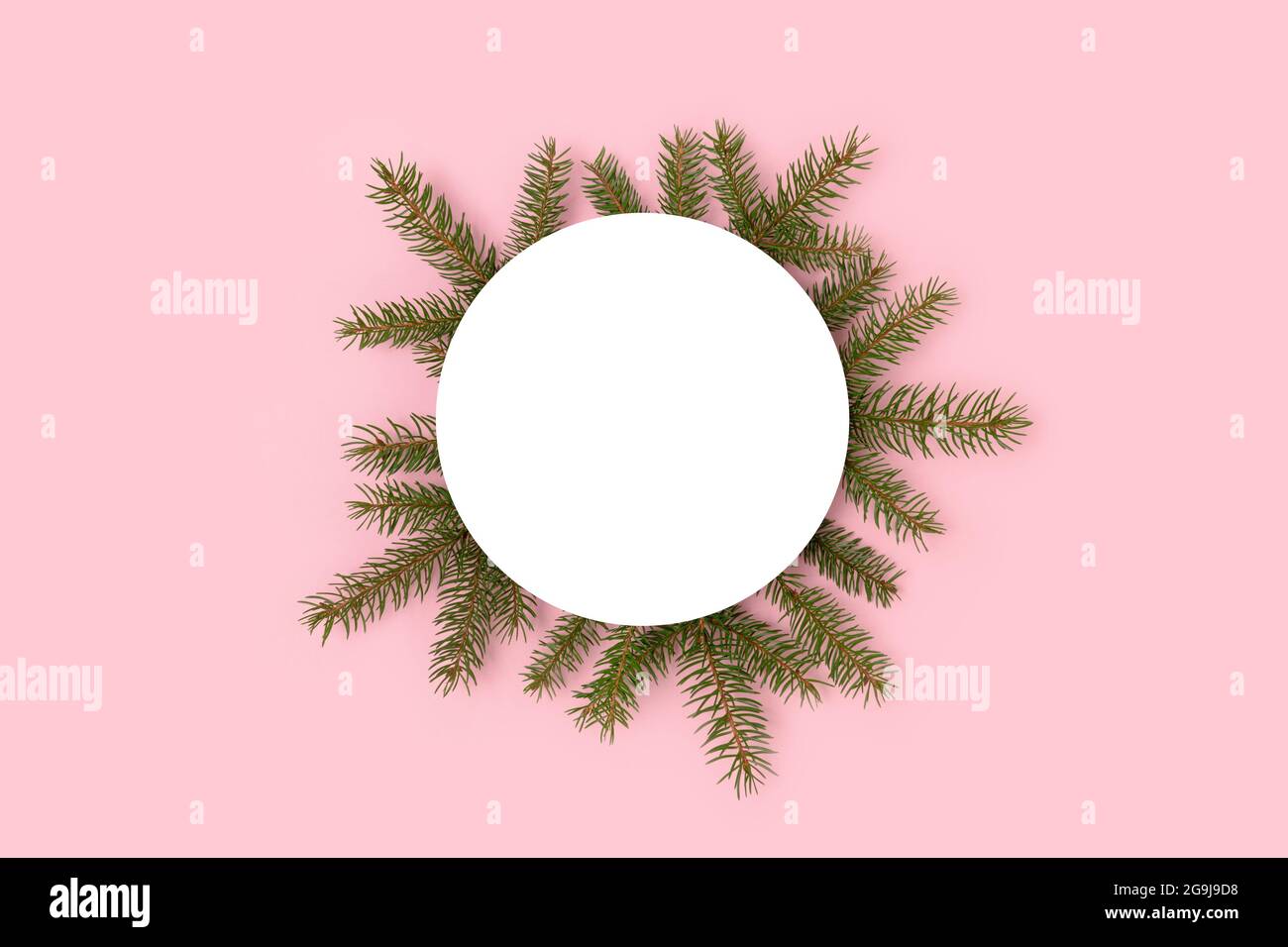 Round paper card template with frame made of spruce branches. Natural ...