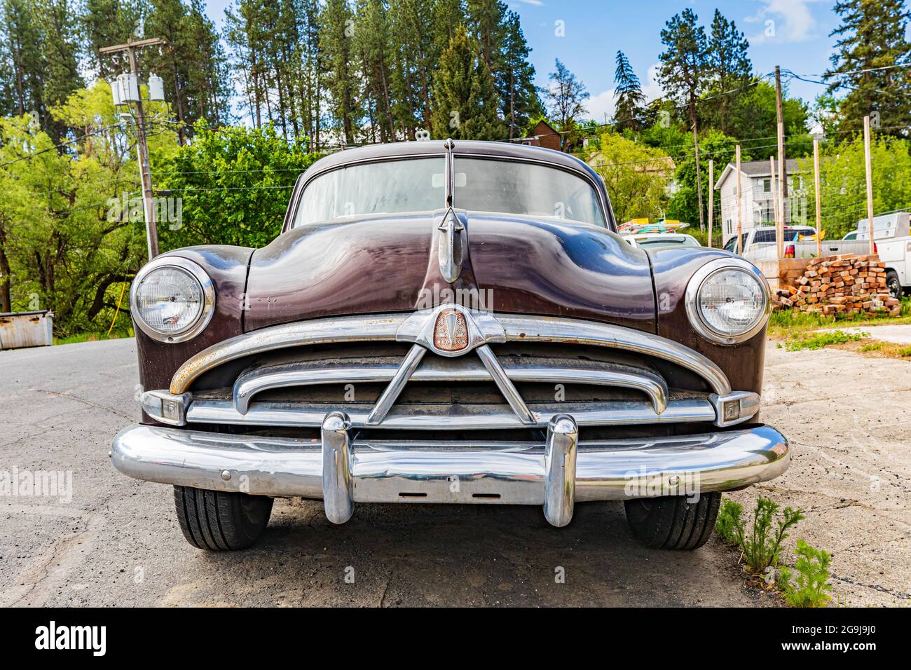 Palouse, Washington, USA. May 24, 2021. Chrome grill and front bumper ...