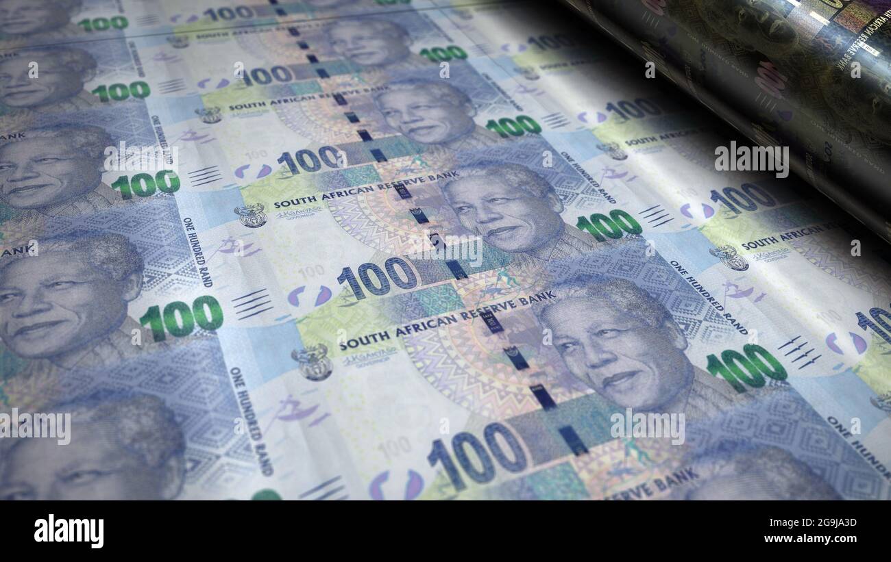 South Africa Rand money print 3d illustration. ZAR banknote printing. Concept of finance, cash ...