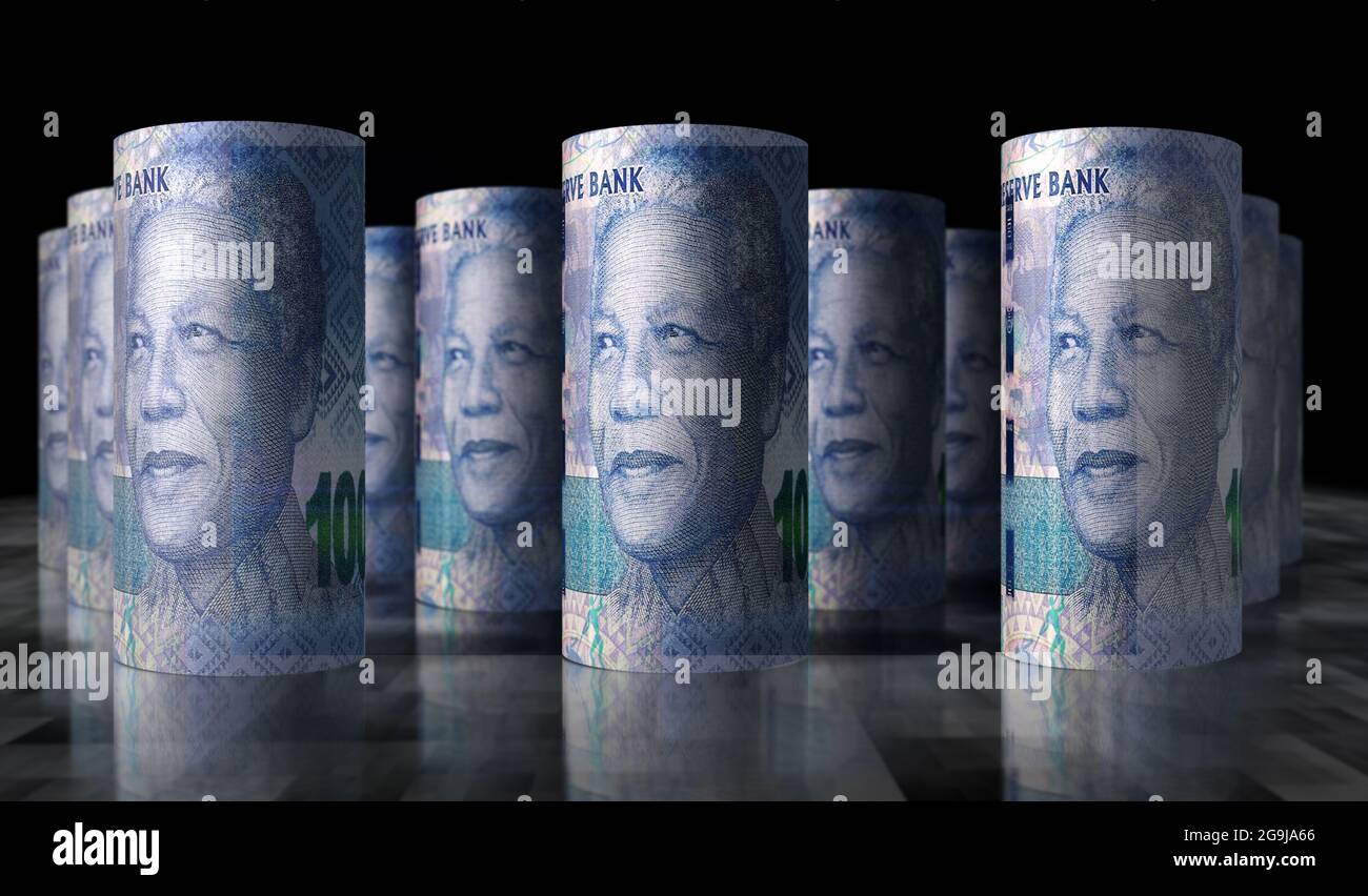 South Africa Rand money pack 3d illustration. ZAR banknote bundle ...