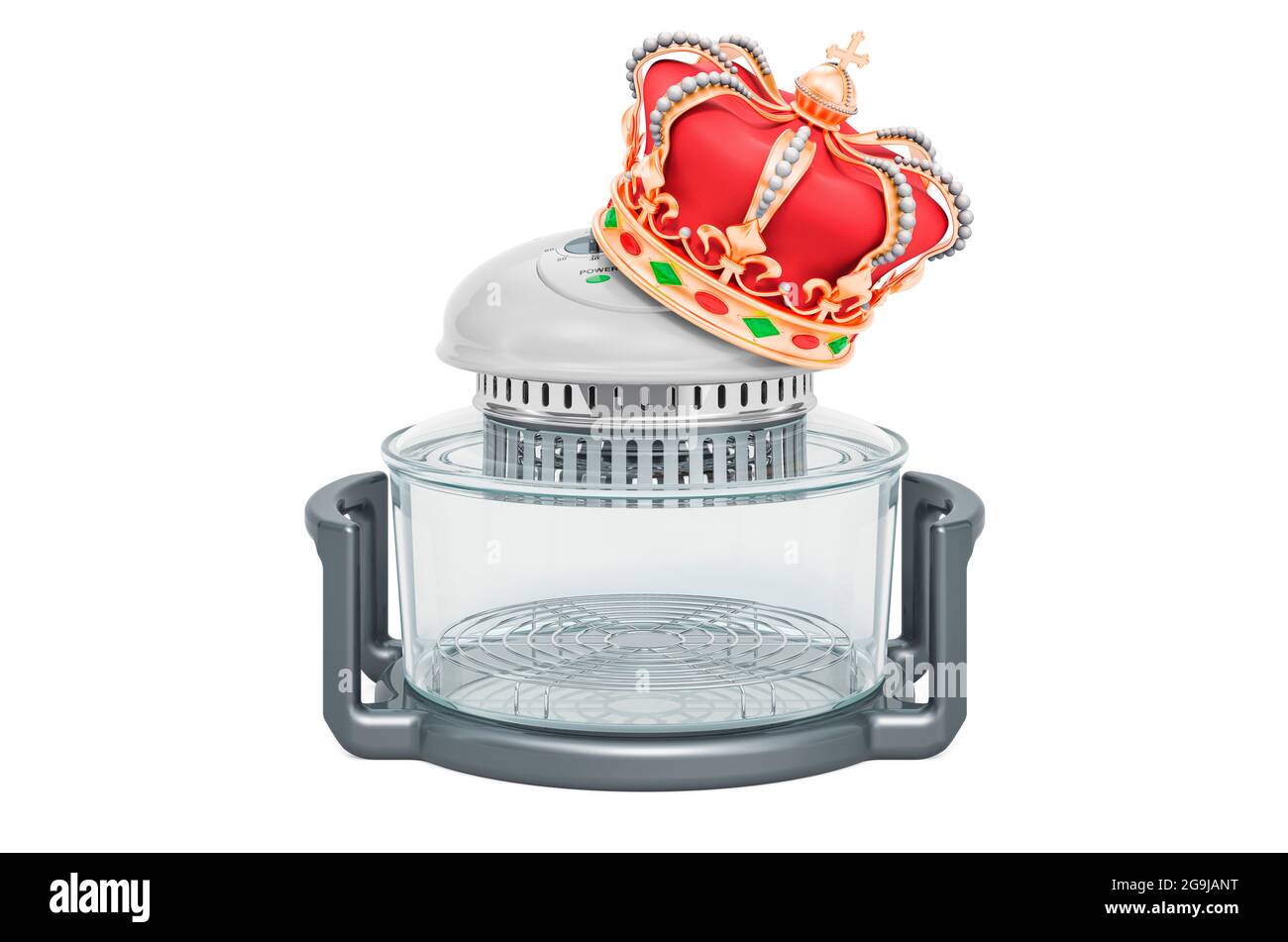 Air fryer oven with golden crown, 3D rendering isolated on white ...