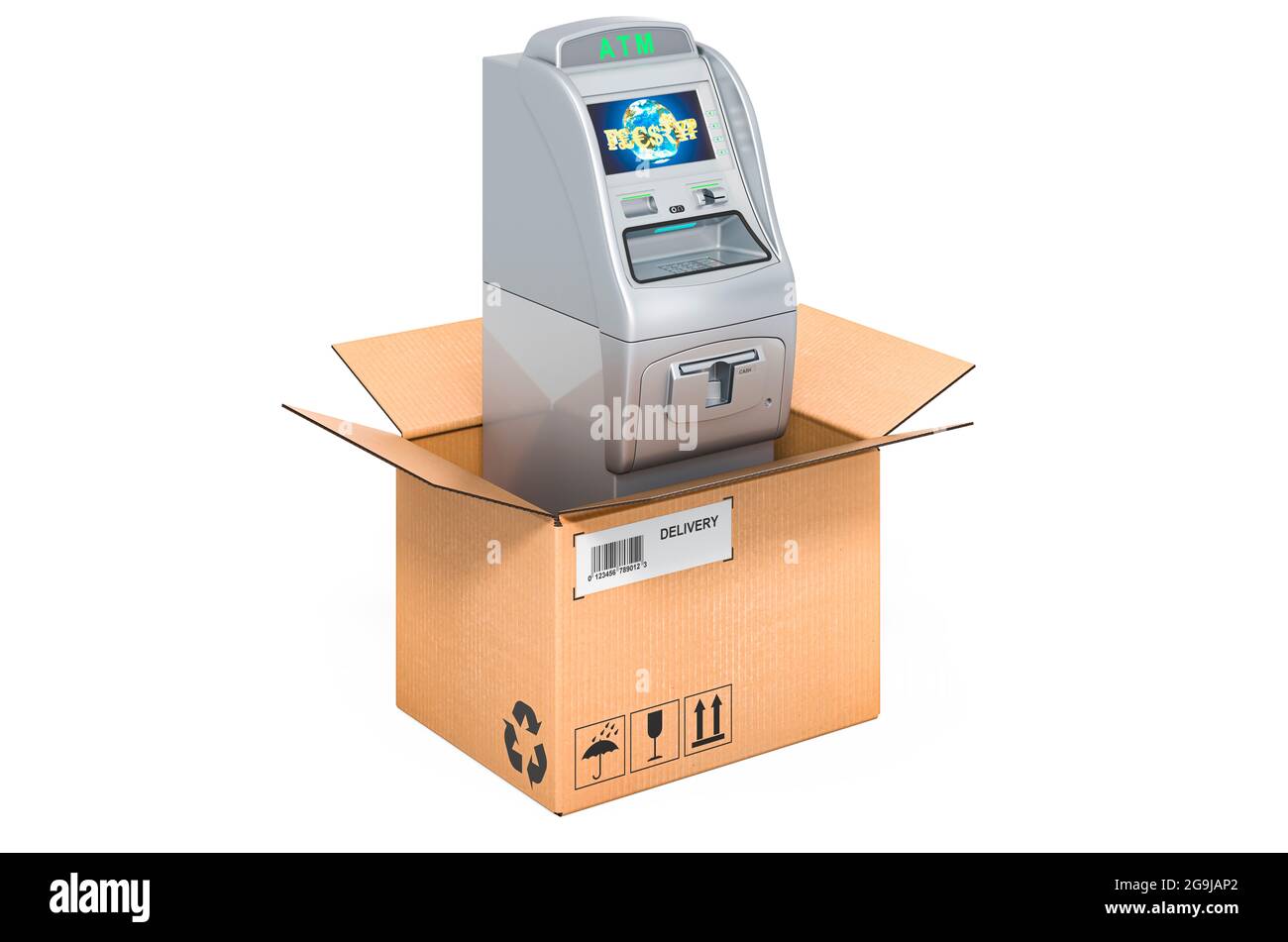 ATM machine inside cardboard box, delivery concept. 3D rendering ...