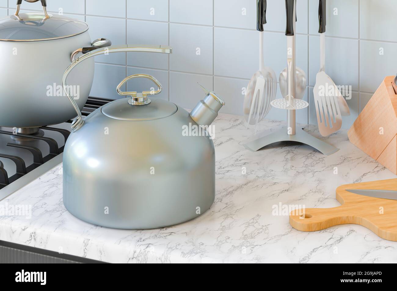 Big metallic kettle with whistle on the kitchen table. 3D rendering ...