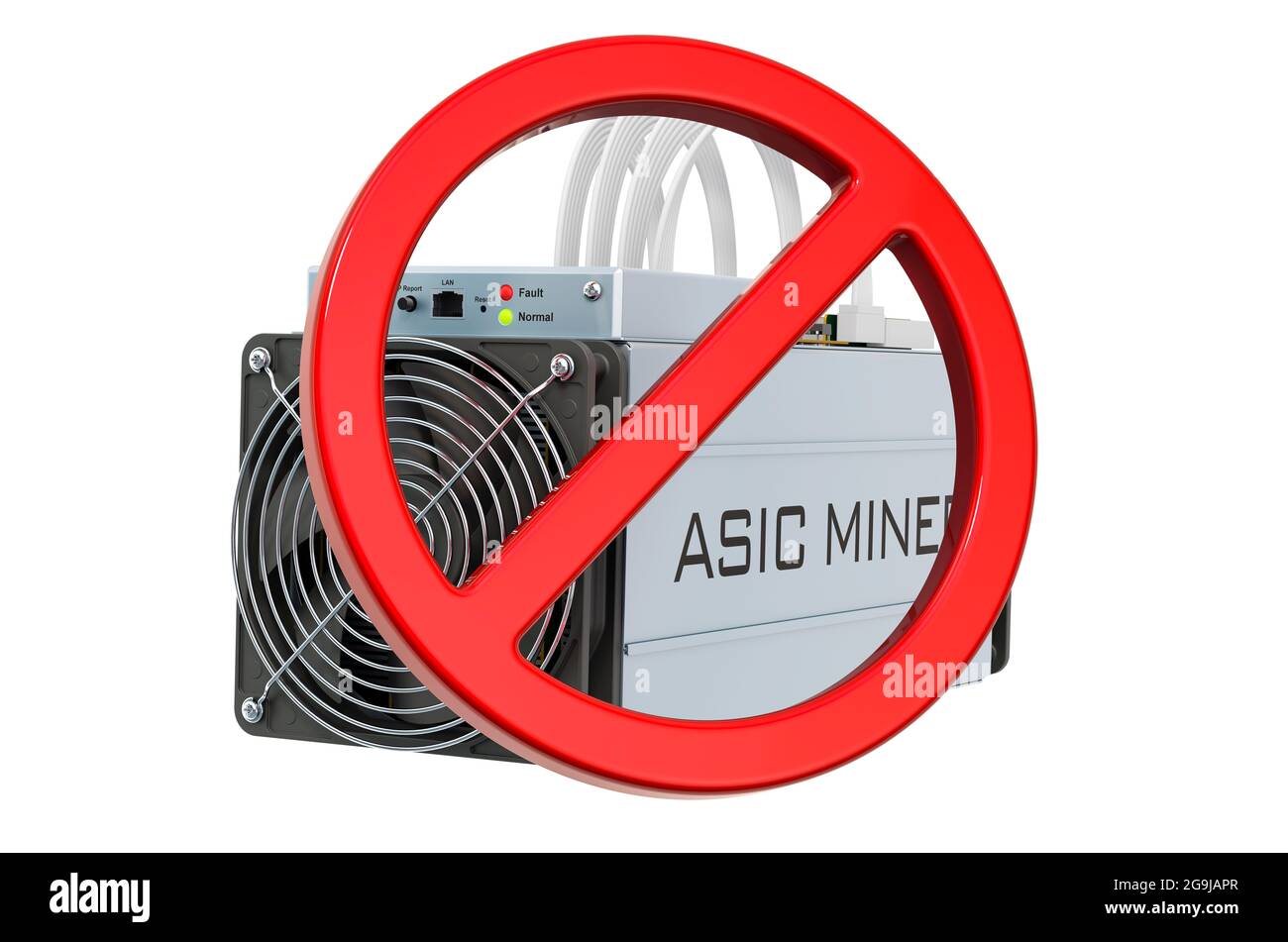 Prohibition sign with ASIC miner. 3D rendering isolated on white ...