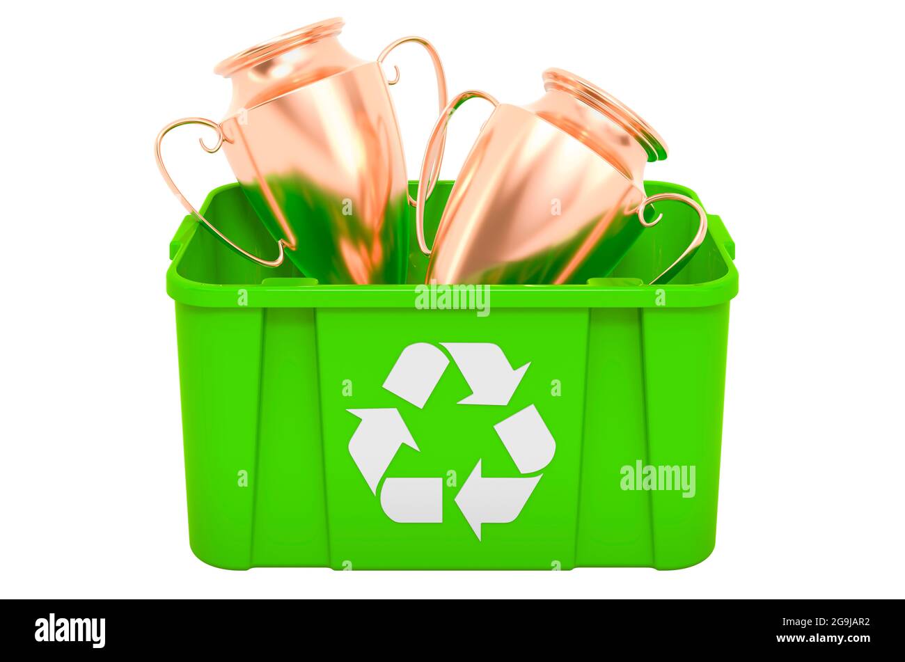 Recycling trashcan with golden trophy cup award, 3D rendering isolated ...