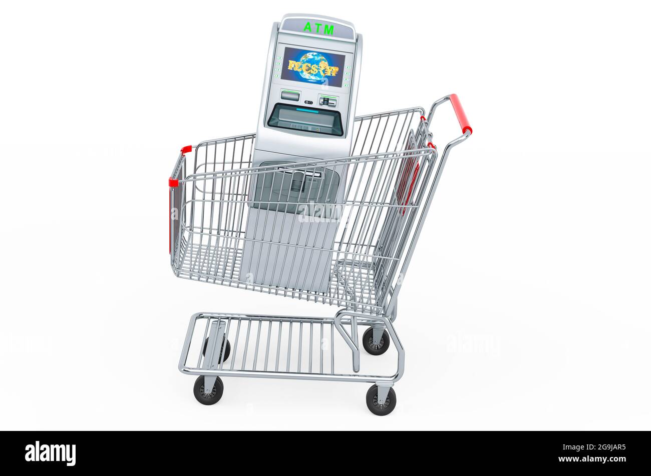 Shopping cart with ATM machine. 3D rendering isolated on white ...