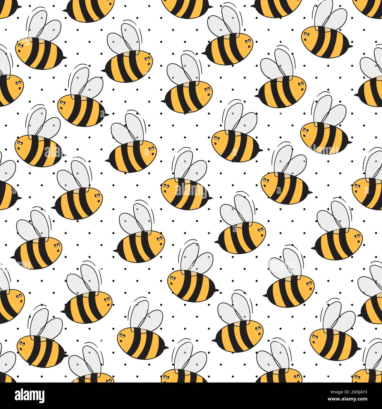 Seamless pattern with bees on white polka dots background. Small wasp ...