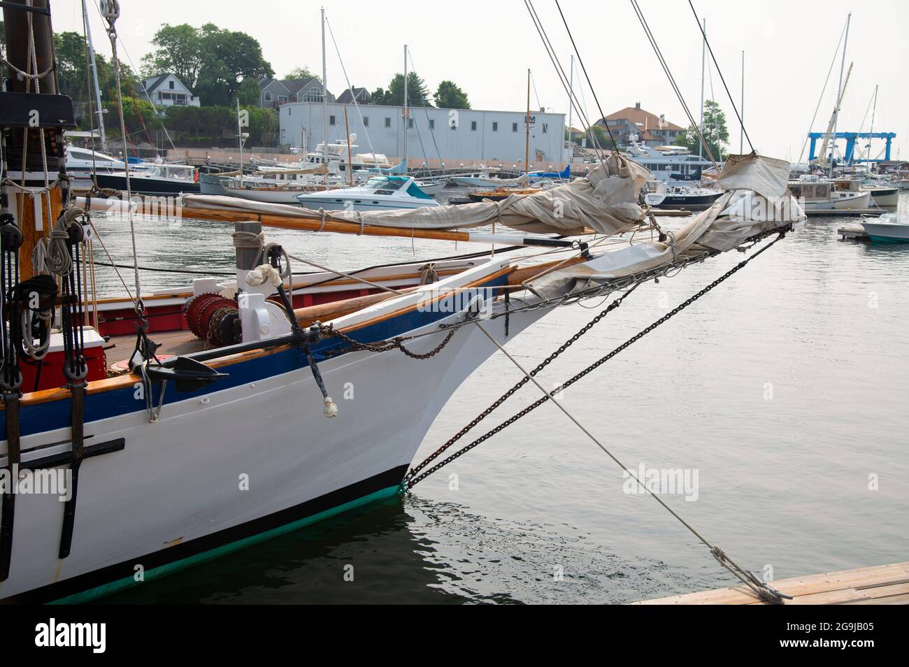An overview of the harbor across the bow of the Windjammer Appledore at ...