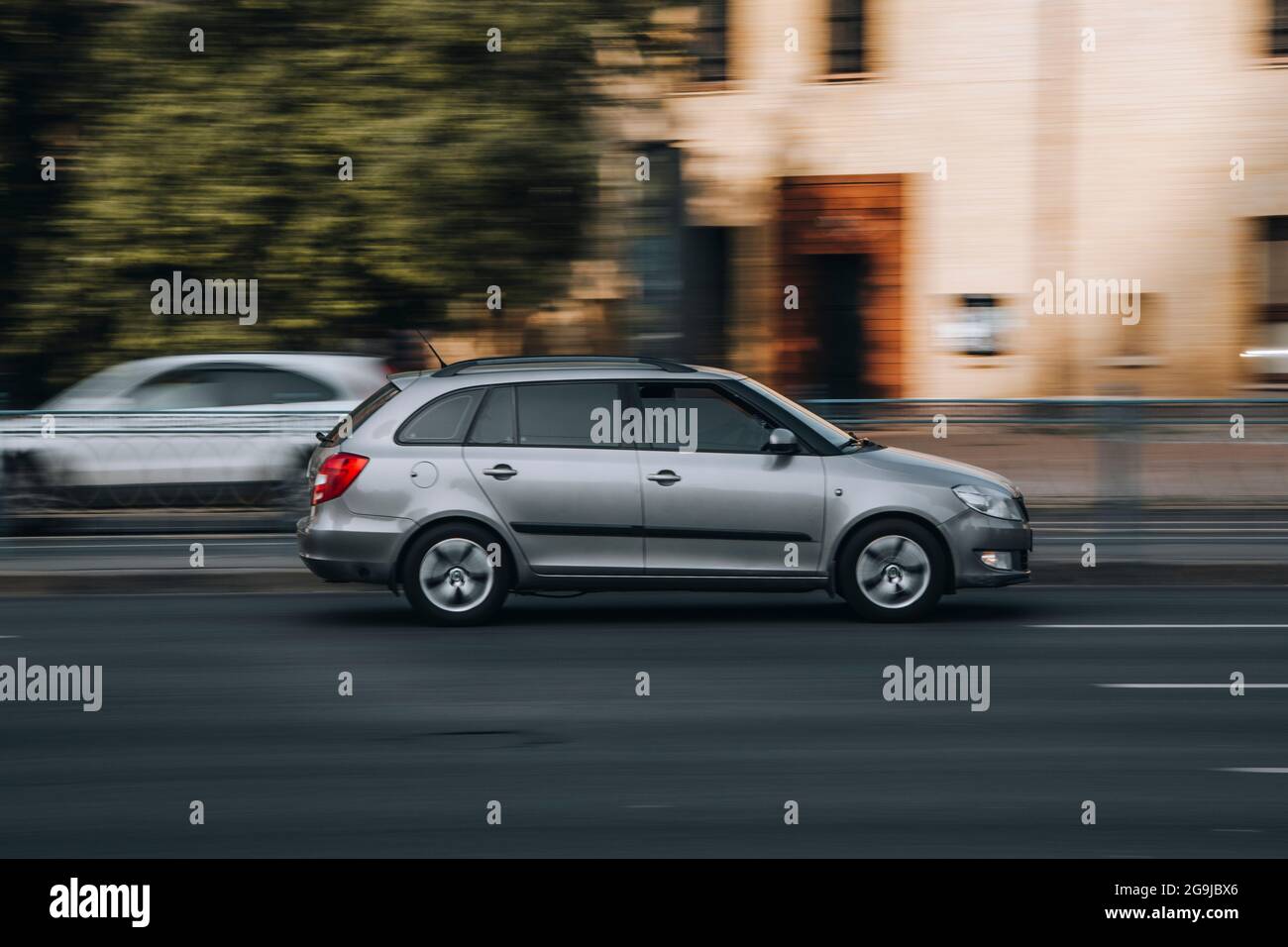 Ukraine, Kyiv - 16 July 2021: Silver Skoda Fabia car moving on the ...