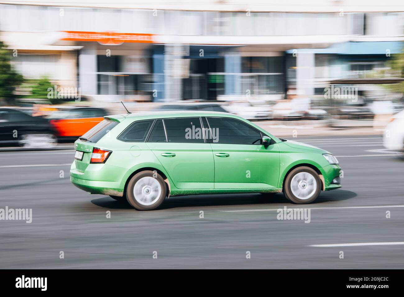 Ukraine, Kyiv - 16 July 2021: Green Skoda Fabia car moving on the ...
