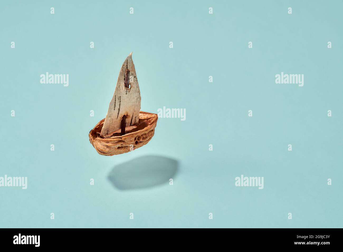 Summer concept with a boat made from a nut shell and birch bark ...