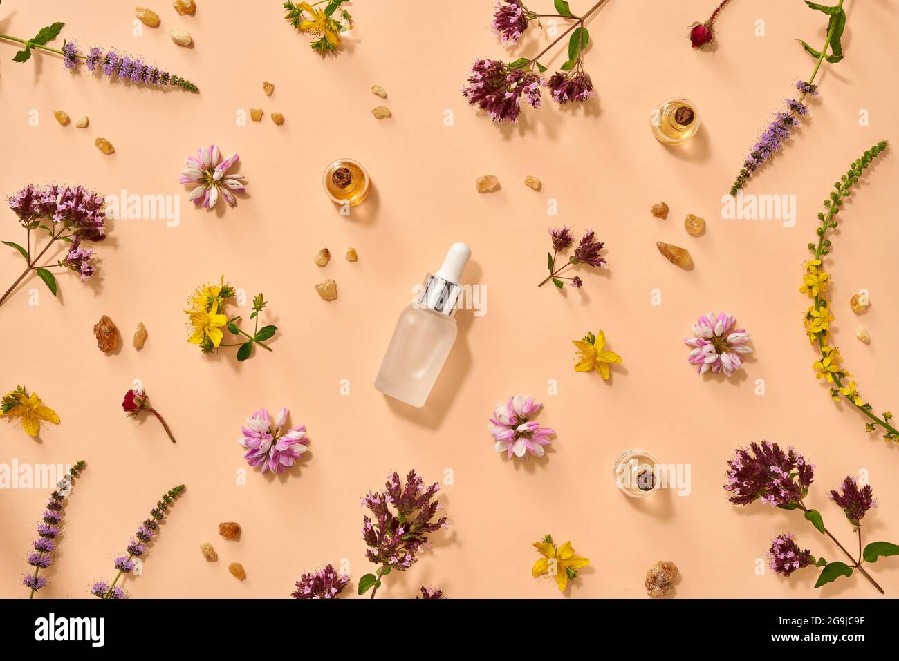 Aromatherapy background with bottles of essential oil with frankincense ...