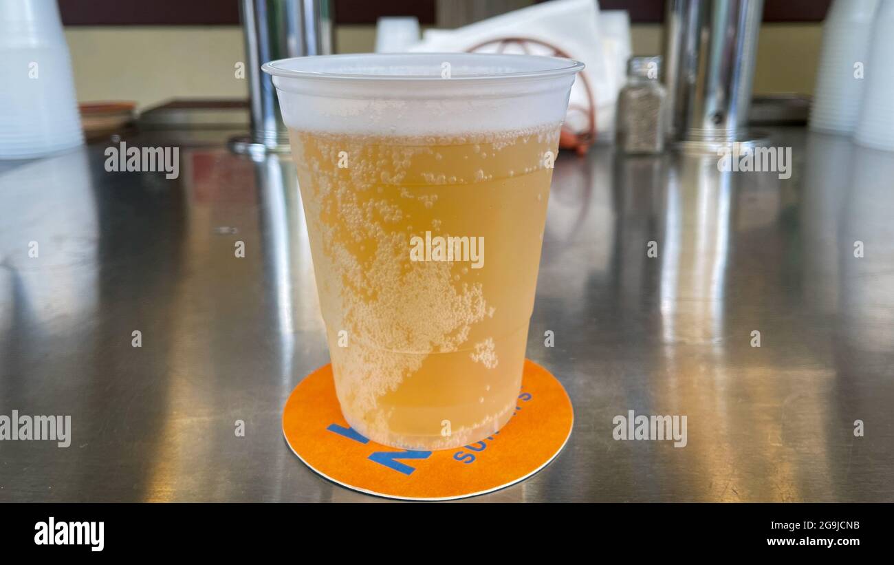 An icy cold draft beer in a glass sitting on a bar in Florida Stock ...