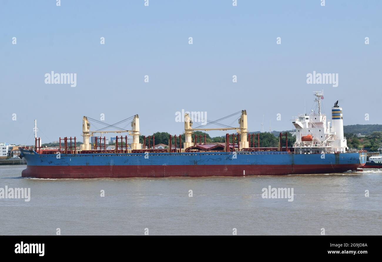 Cargo ship INSPIRATION LAKE departing London after unloading a cargo of ...