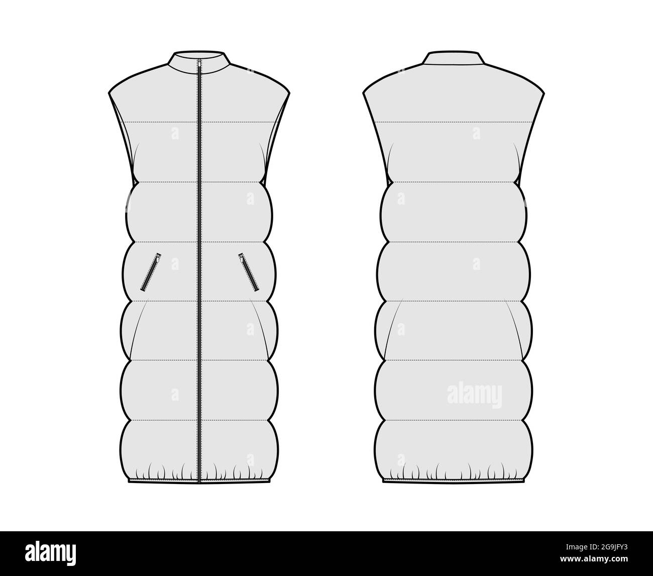 Down vest puffer waistcoat technical fashion illustration with ...