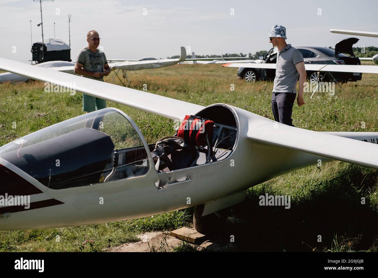 Soaring club, getting ready for the flight on glider airplane. Small ...