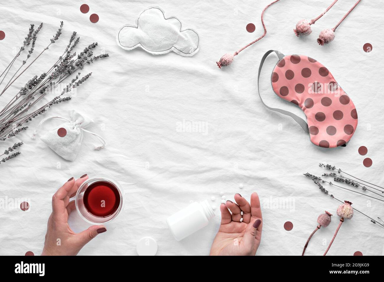 Healthy night sleep flat lay. Orange sleep mask with brown polka dots ...