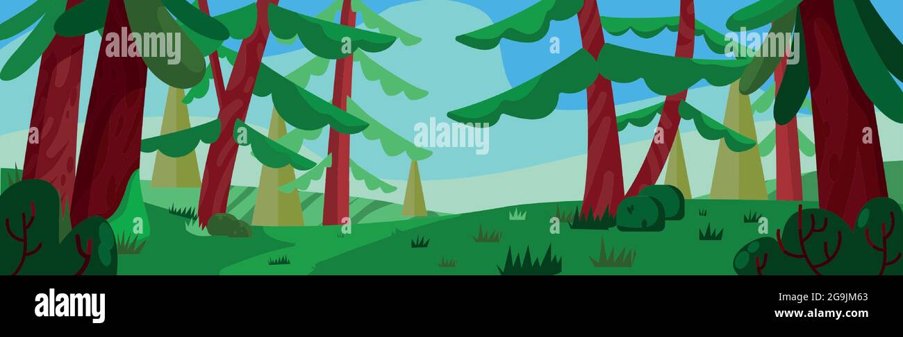 Panoramic realistic sunny dense mixed forest - Vector illustration ...