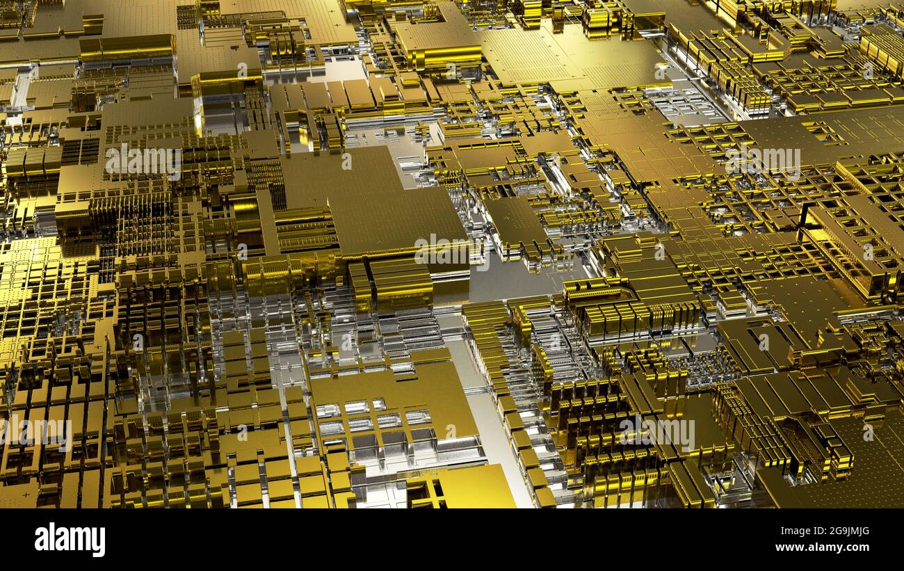 Golden circuit space of a computer board background Stock Photo - Alamy