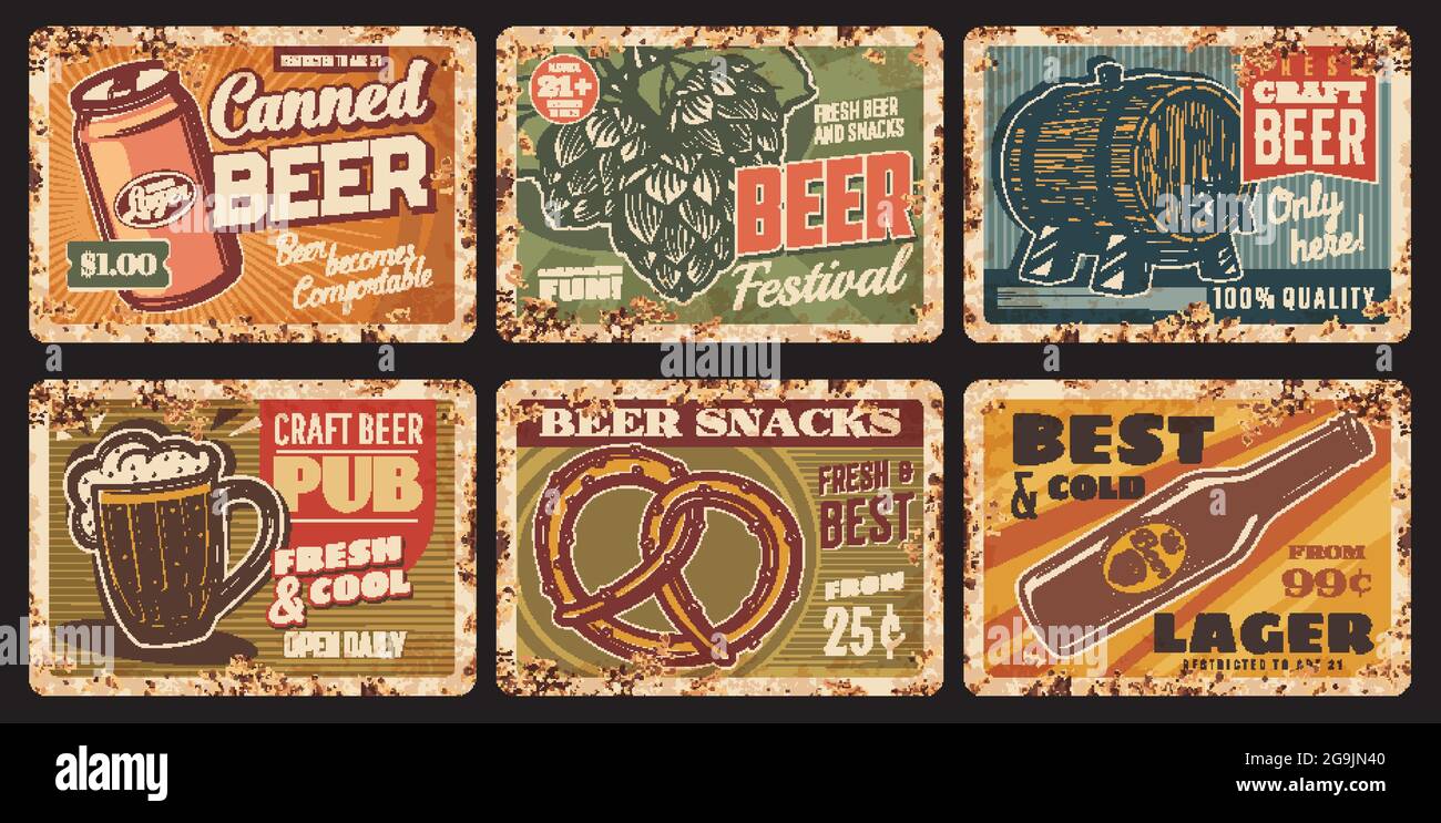 Beer and snacks rusty metal plates, vector vintage rust tin signs with ...