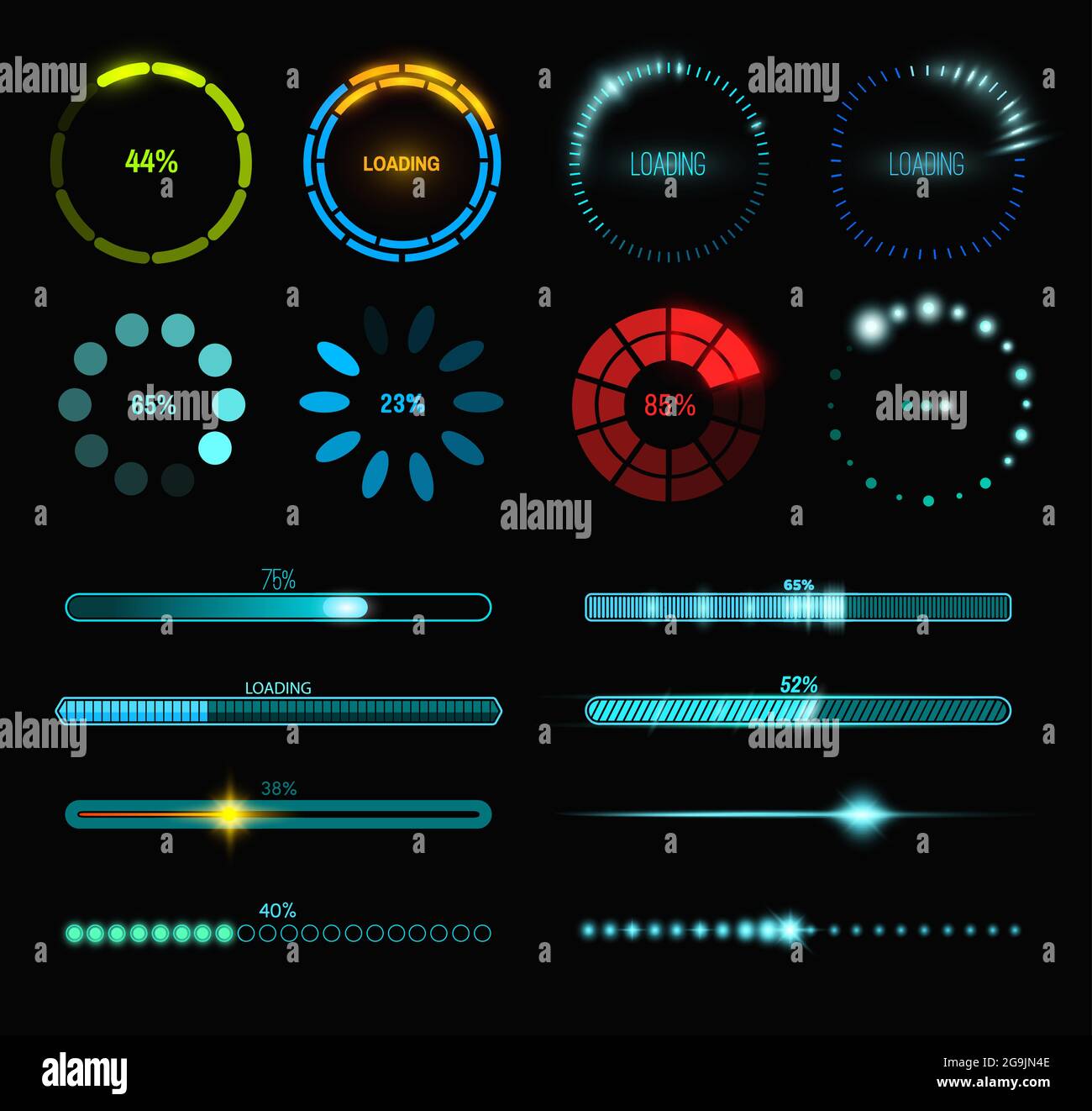 Loading process and status bar icons, HUD interface. Vector Sci Fi digital futuristic elements ...