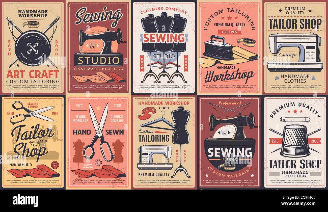 Tailor shop, dressmaking atelier and sewing workshop, vector retro ...