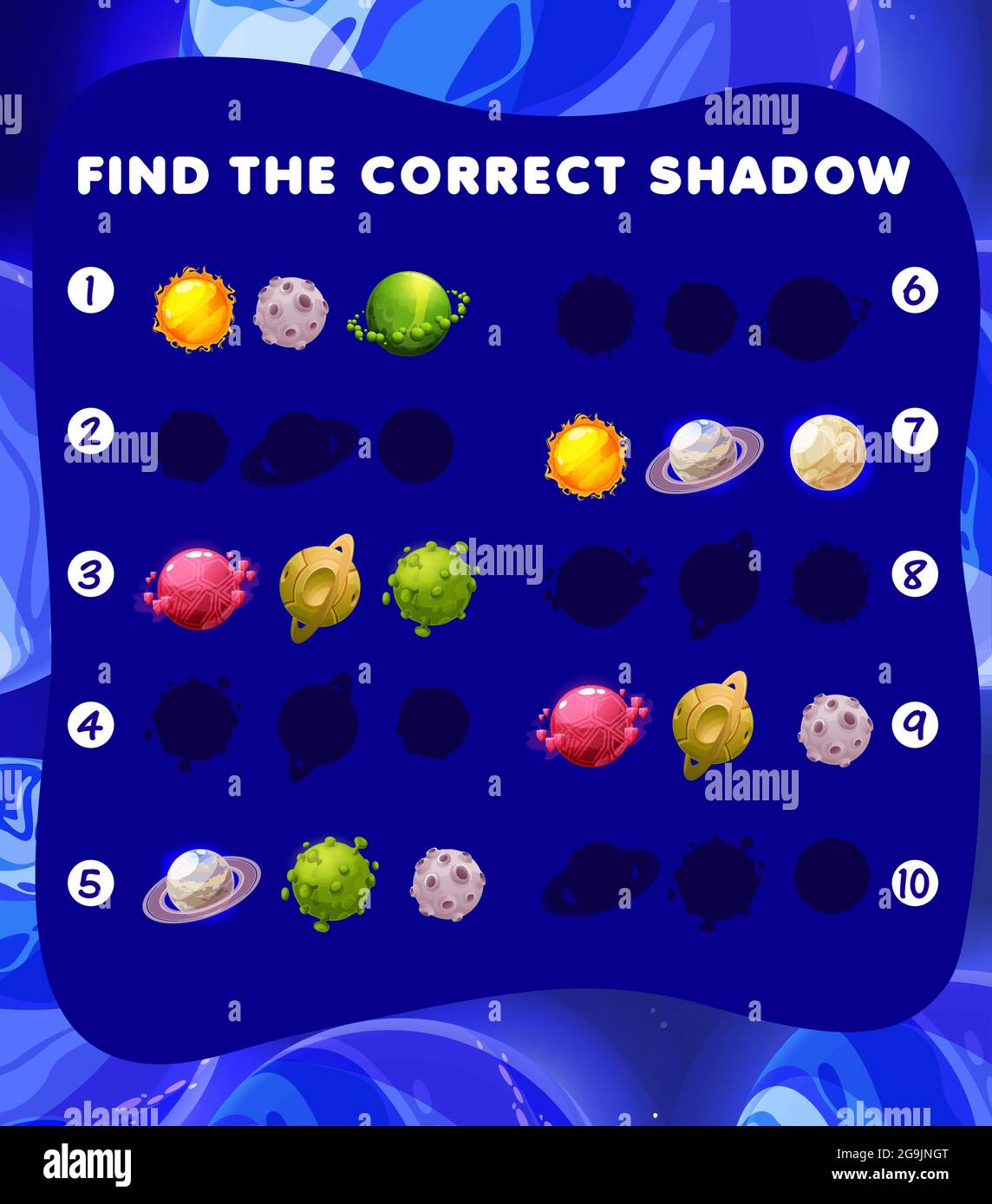 Cartoon space planets shadow matching game. Vector kids riddle find ...