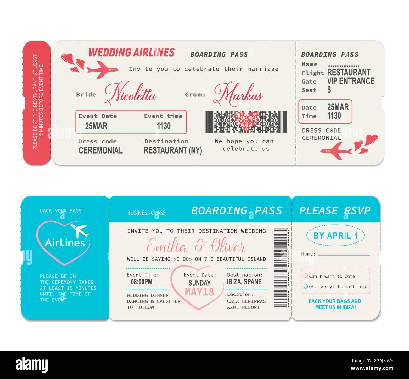 Boarding pass tickets, wedding invitation vector template. Wedding ...