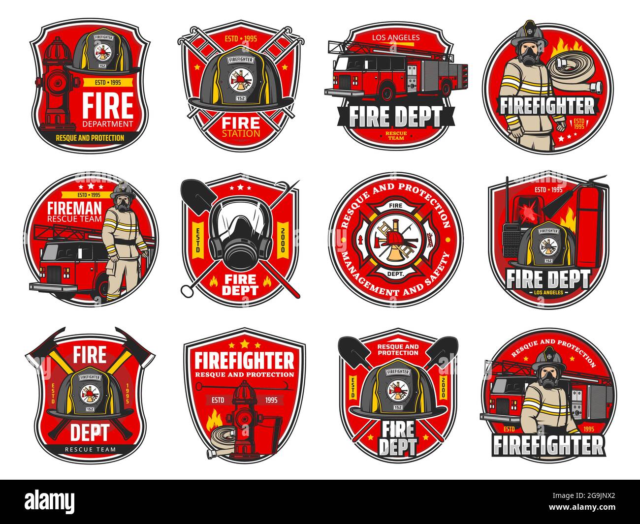 Firefighting icons, heraldic symbols, vector protective helmet and gas ...