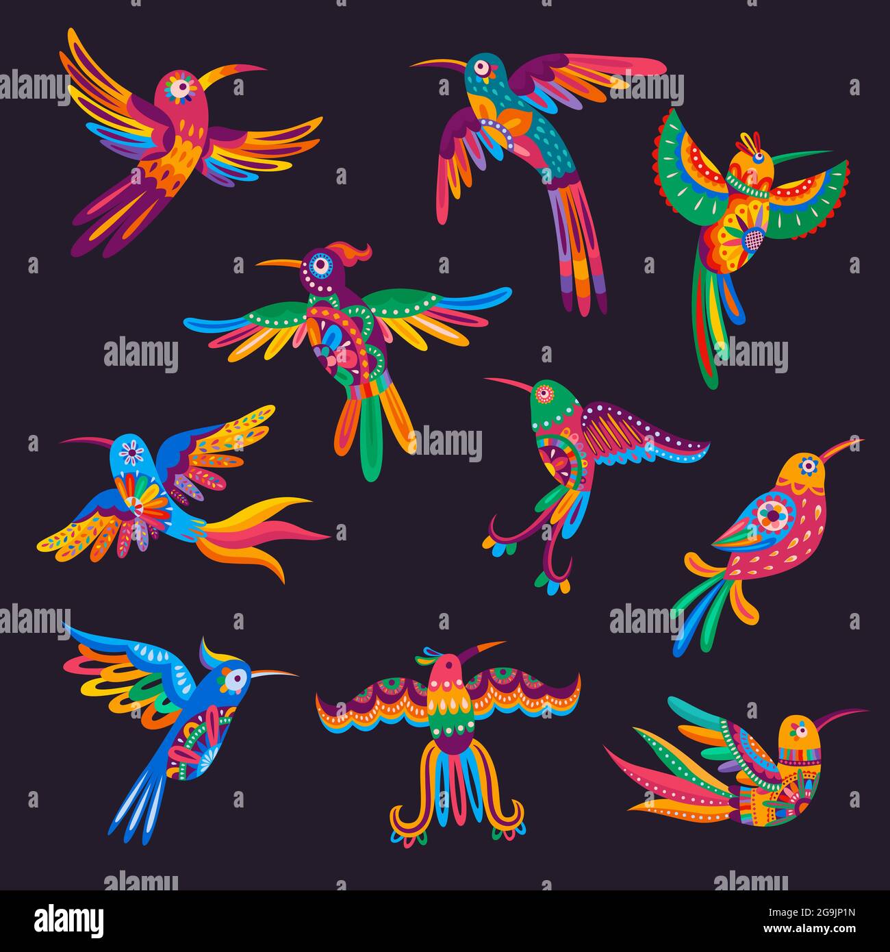 Mexican colorful hummingbirds and parrots. Vector alebrije birds with ...
