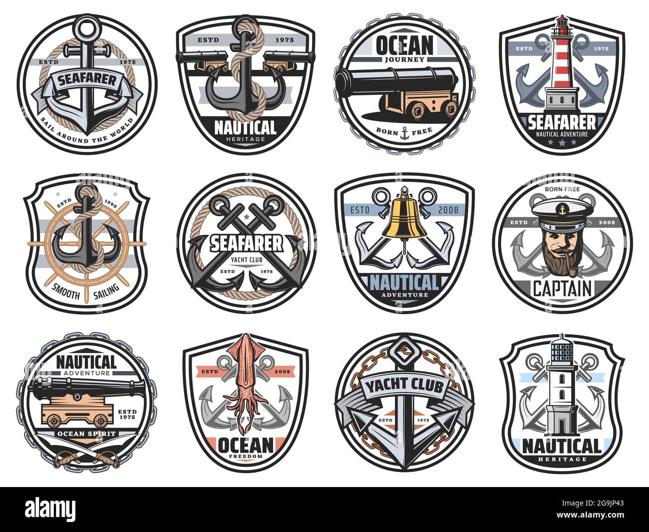 Nautical marine vector icons with anchor, steering wheel and lighthouse ...