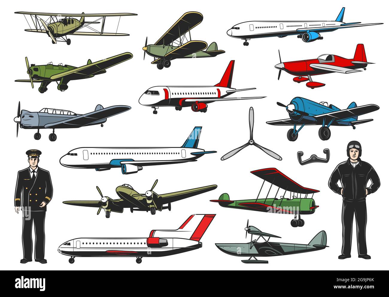 Modern and vintage aircraft set. Civil and military aviation pilot ...